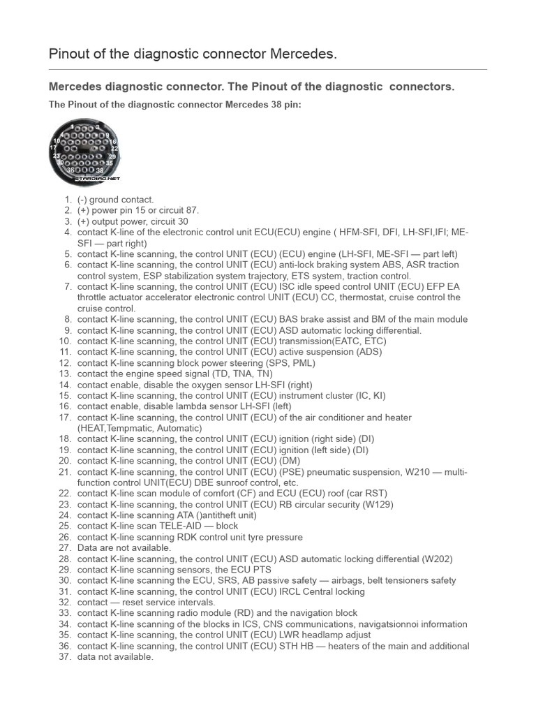 Mercedes Diagnostic Connector Pinouts | PDF | Anti Lock Braking System ...