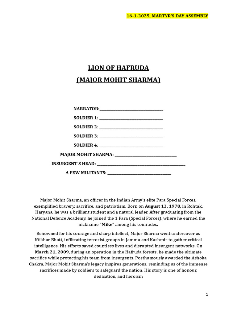 The Legend of Major Mohit Sharma (PLAY SCRIPT) | PDF