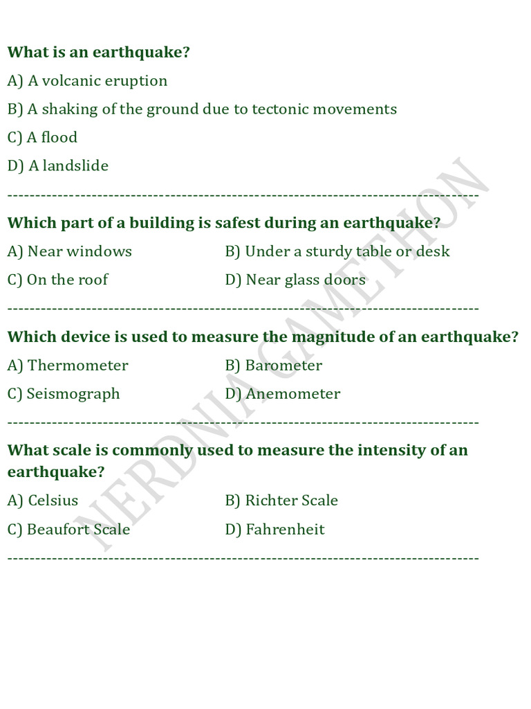 Questions for Quiz on Disaster Management - Final Printout | PDF ...