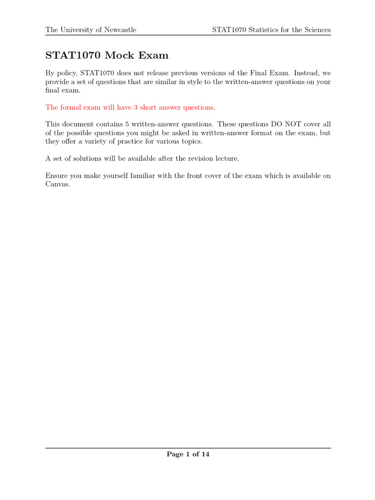 STAT1070 Mock Exam Practice Questions | PDF | Errors And Residuals ...