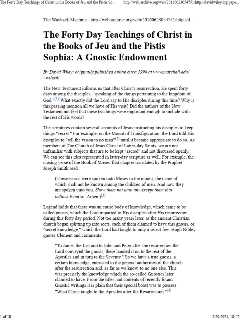 The Forty Day Teachings of Christ in The Books of Jeu and The Pistis Sophia - A Gnostic ...