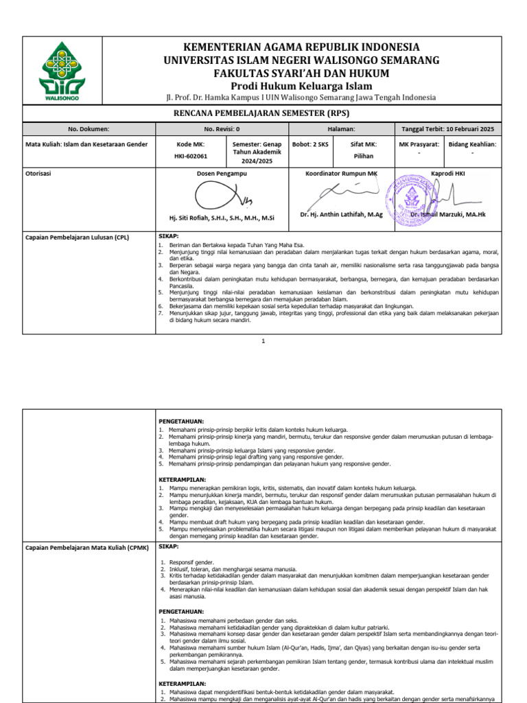 RPS Islam Dan Kesetaraan Gender HKI | PDF