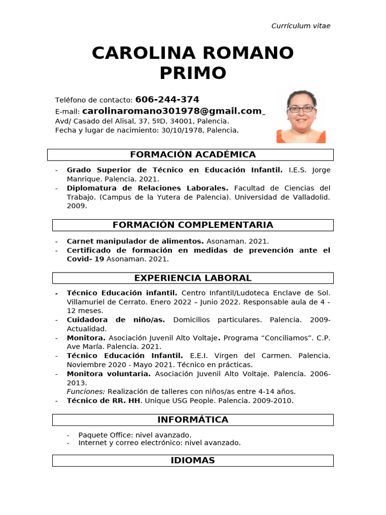Currículum vitae - Carolina Romano Primo | PDF