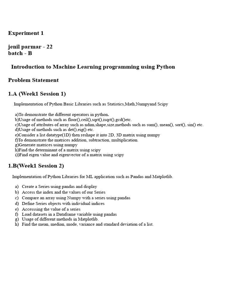 22-ML Lab Expt 1.docx | PDF | Python (Programming Language) | Matrix (Mathematics)