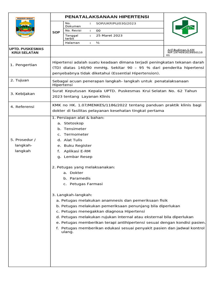 Sop Penatalaksanaan Hipertensi | PDF