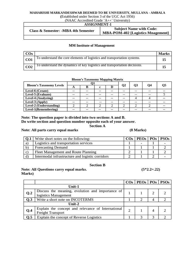 MBA Logistics Management Assignment | PDF | Transport | Logistics