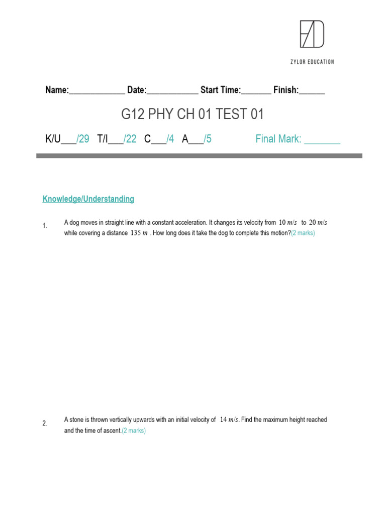 G12 Physics Chapter 1 Test Questions | PDF | Velocity | Mechanics
