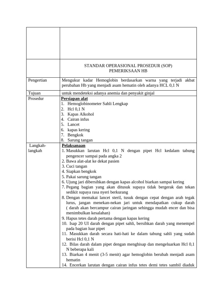 SOP Pemeriksaan HB | PDF