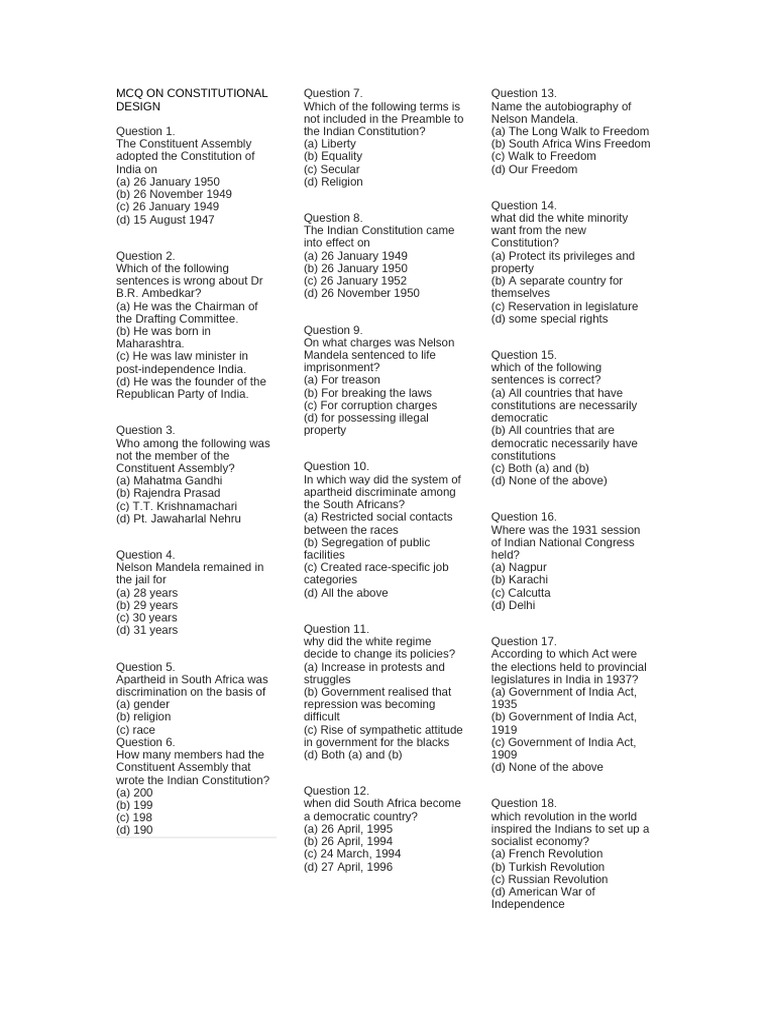 MCQ On Constitutional Design | PDF | Government | Politics Of India