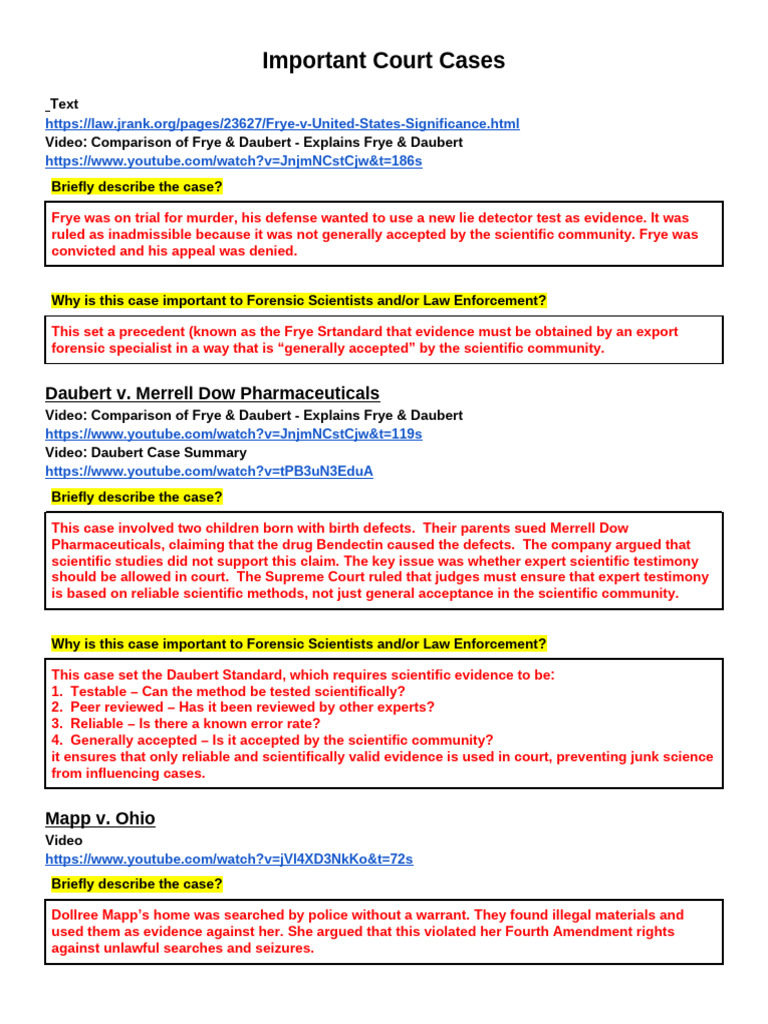 Important Court Cases - Student | PDF | Daubert V. Merrell Dow ...