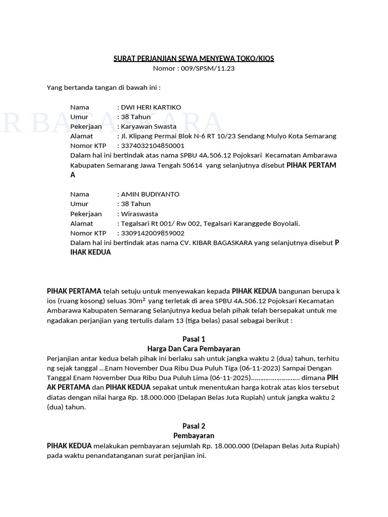 Surat Perjanjian Sewa Tenant Atamart Spbu 4a.506.12 Pojoksari Ambarawa ...