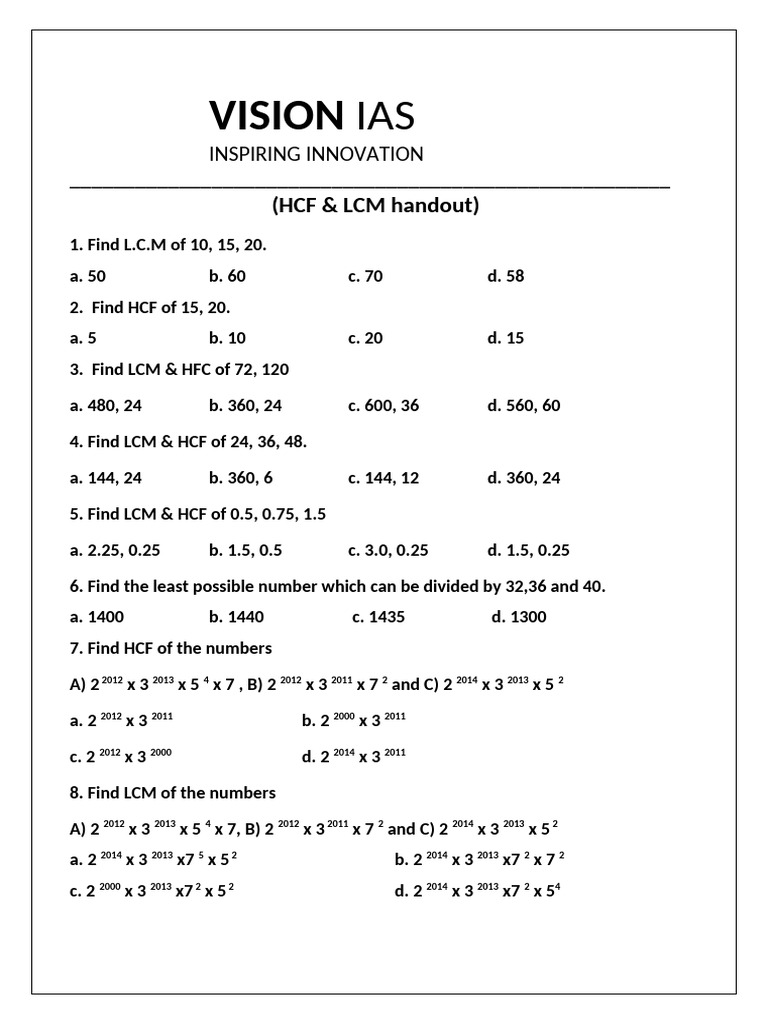 Hcf & Lcm Vision Ias(1) | PDF | Mathematics | Number Theory