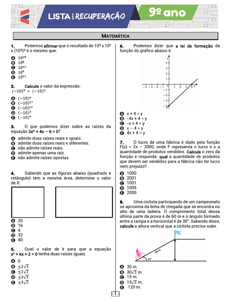 9o Ano Lista Recup Matem-Tica | PDF | Triângulo | Matemática elementar