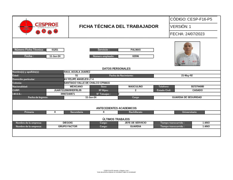 Ficha Tecnica Raul Aguilar Juarez | PDF