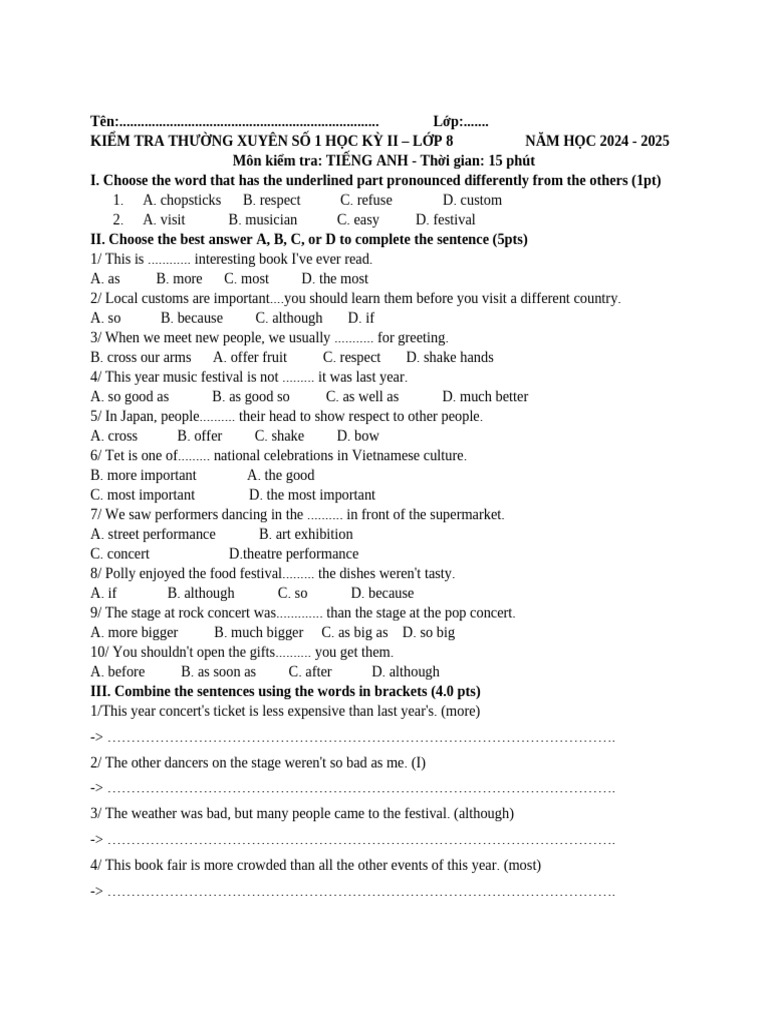 KTRA 15' Hoc Ki 2 Lop 8 Right On | PDF | Vietnam