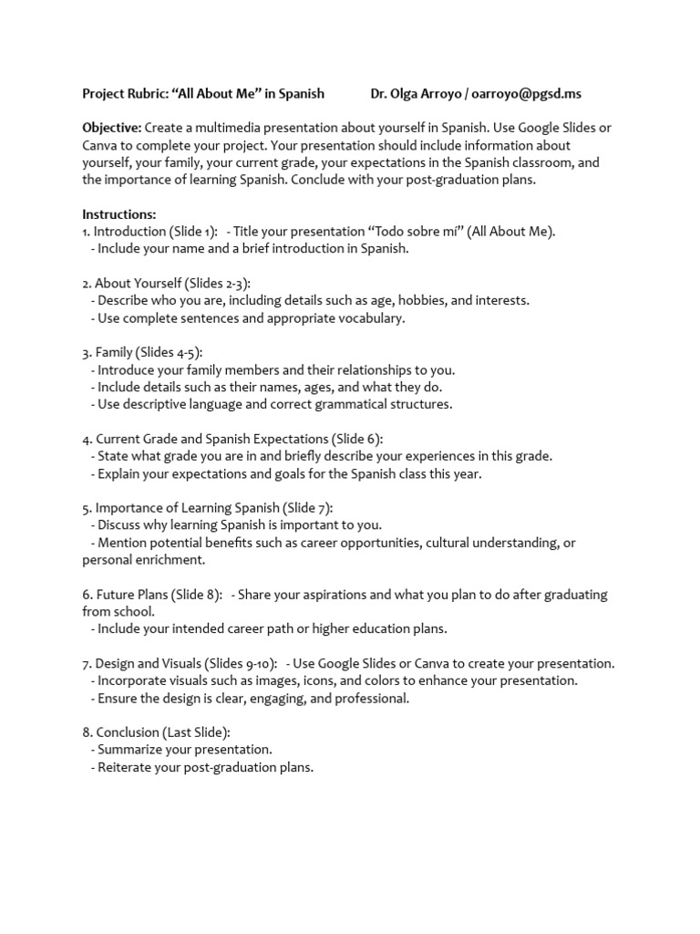 All About Me Project Rubric in Spanish | PDF | Communication | Human ...