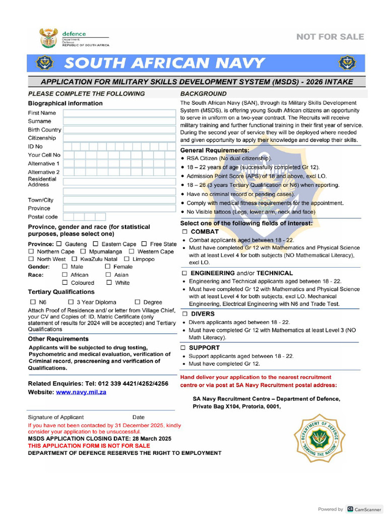 SA Navy MSDS Application 2026 | PDF