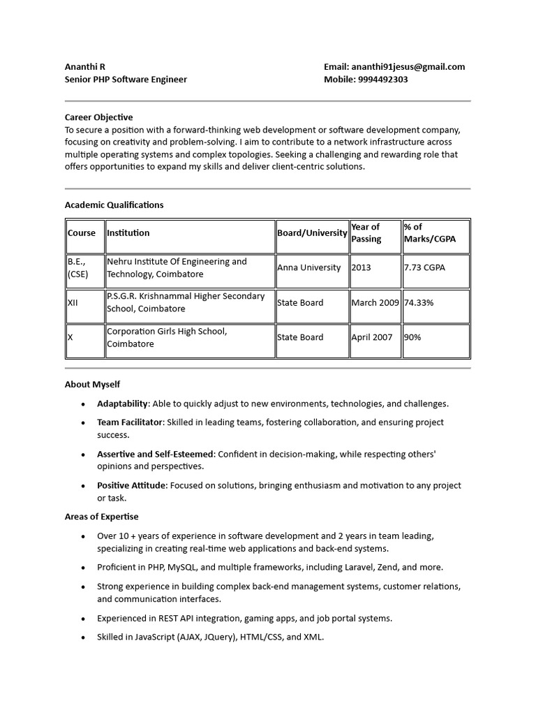 Ananthi R - 11 Years Experience Resume | PDF | Php | Mobile App