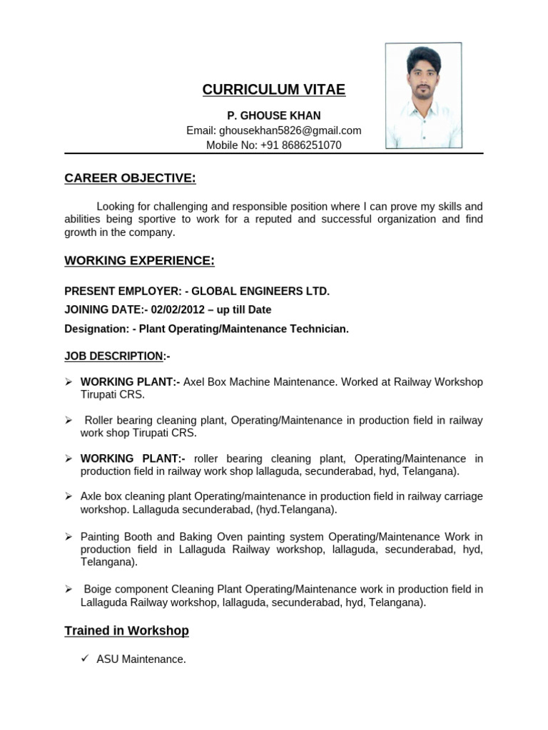 Plant Technician CV - P. Ghouse Khan | PDF