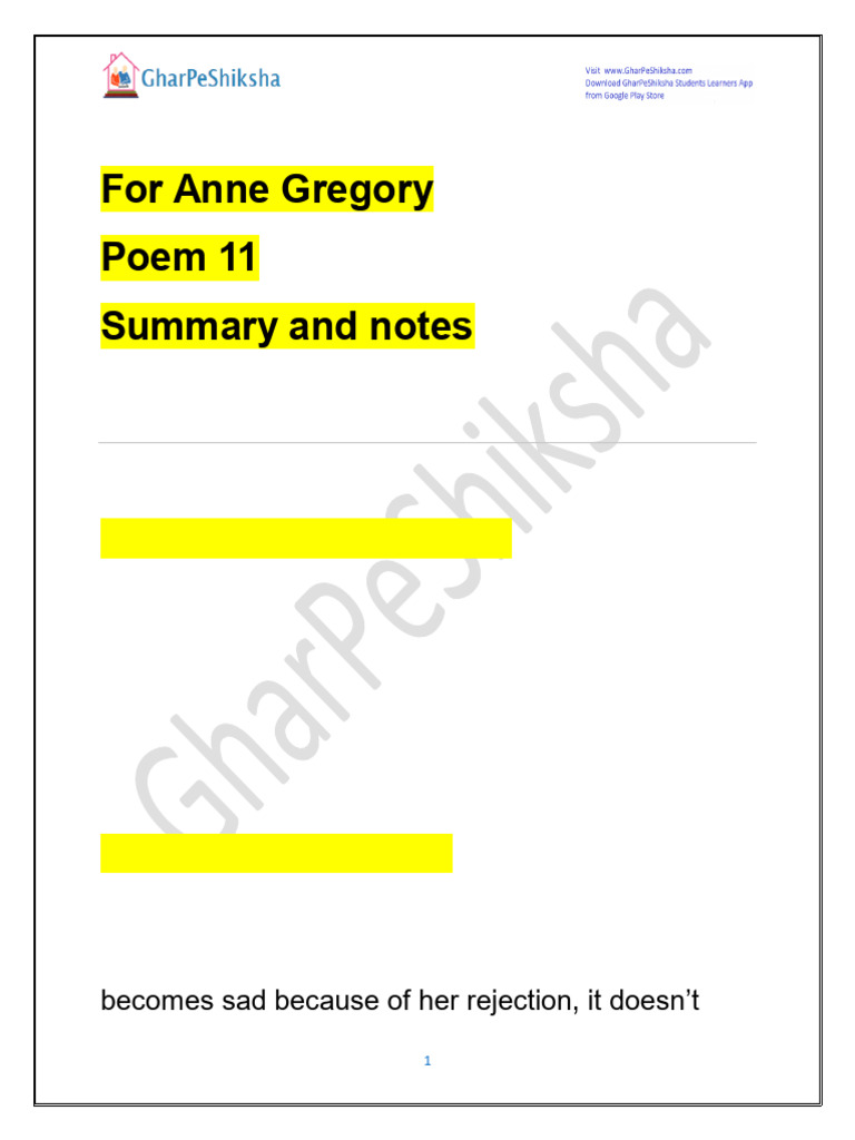 For Anne Gregory Poem 11 Class 10 | PDF | Beauty