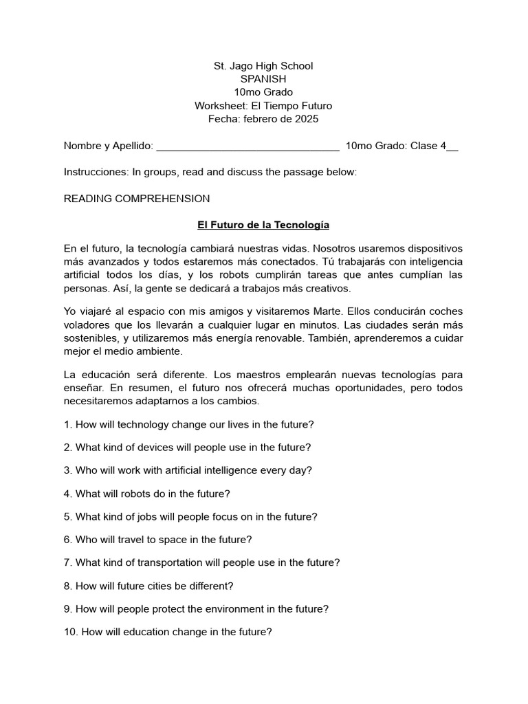 El Futuro Reading Comprehension | PDF