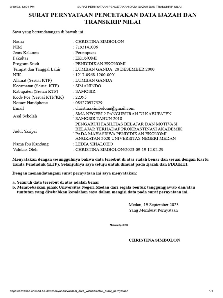 Surat Pernyataan Pencetakan Data Ijazah Dan Transkrip Nilai | PDF
