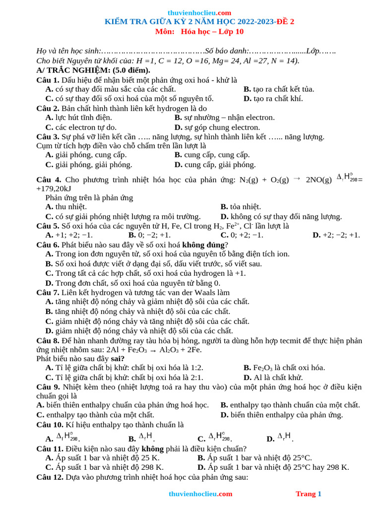 De Kiem Tra Giua HK2 Hoa 10 CTST de 2 | PDF