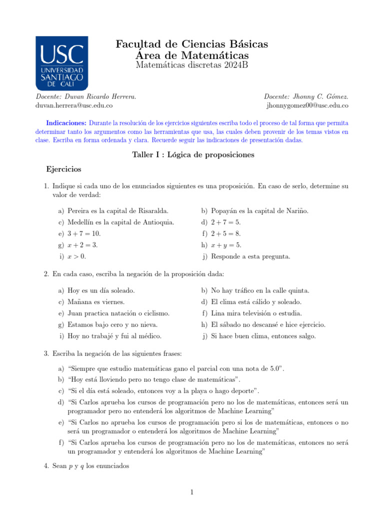 Taller_I__Lógica_de_proposiciones (2) (1) | PDF | Proposición | Matemáticas