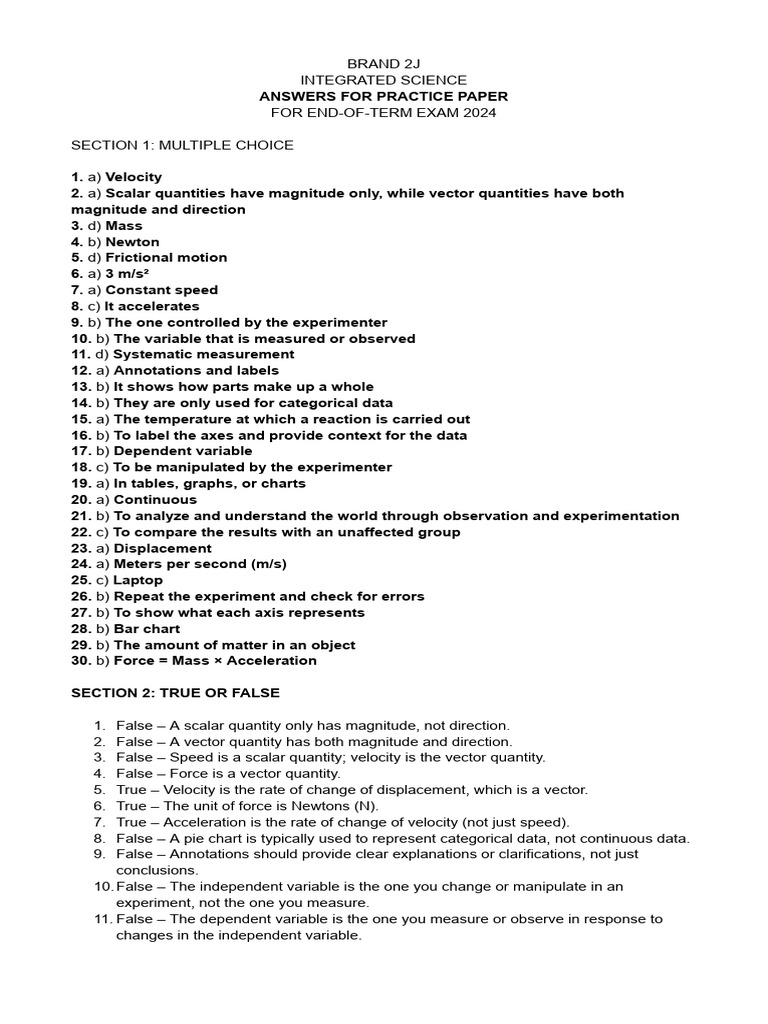 2J Integrated Science Exam Answers 2024 | PDF | Velocity | Force