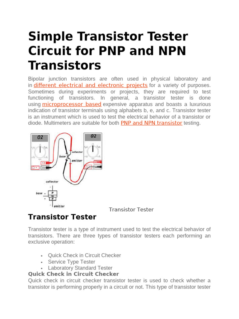 Simple Transistor Tester Circuit For PNP and NPN Transistors | PDF ...