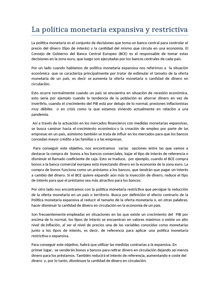 La Polã-Tica Monetaria Expansiva y Restrictiva | PDF | La política monetaria | Inflación