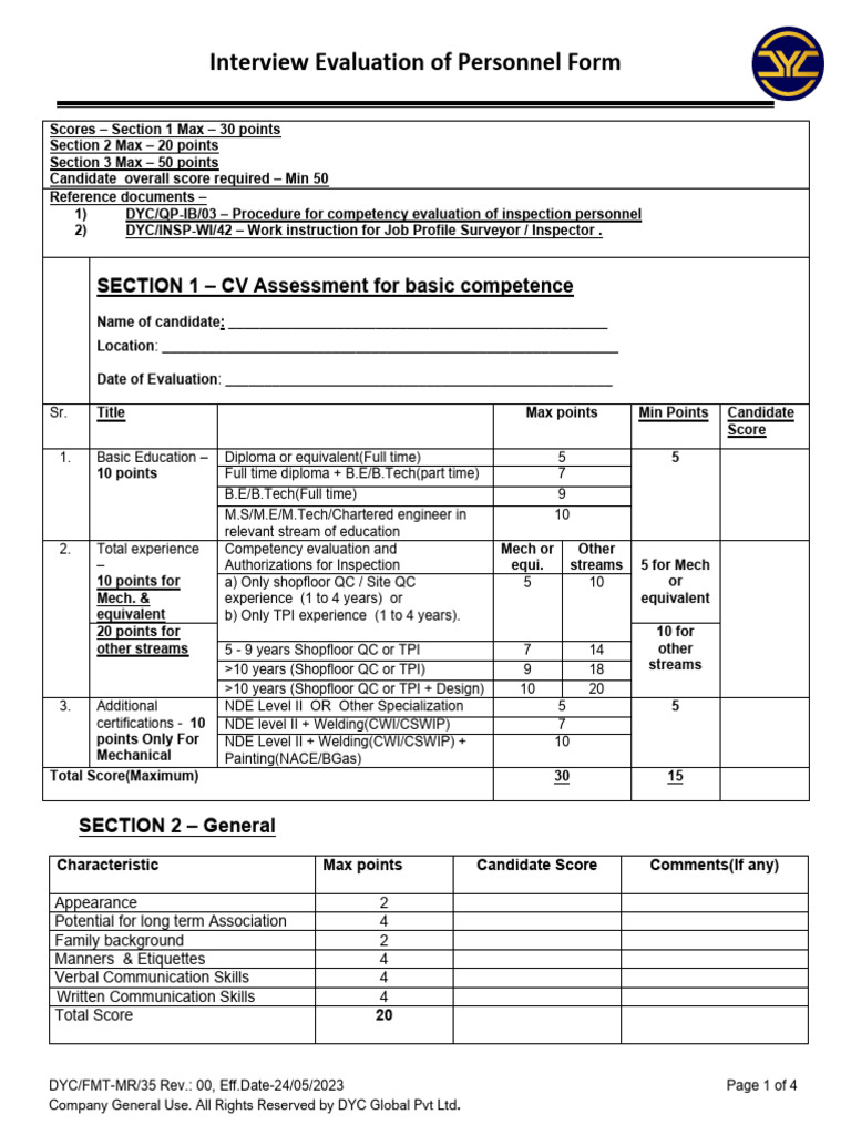 Interview Evaluation Form for Inspectors | PDF | Nondestructive Testing ...