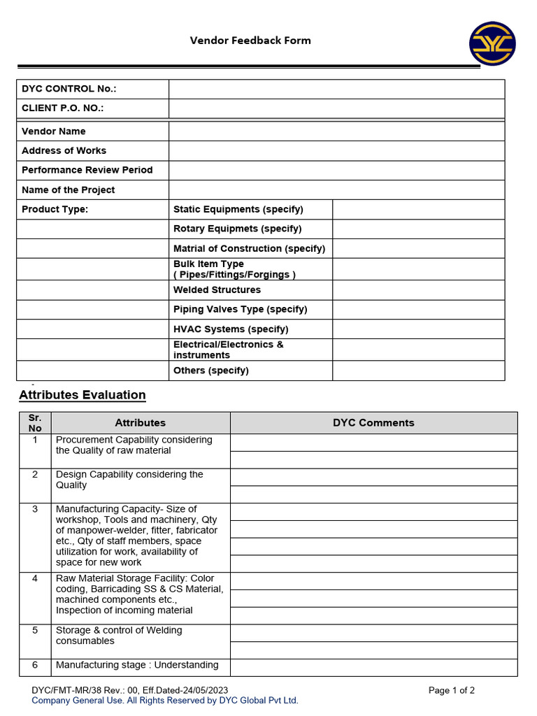 DYC-FMT-MR-38 R00 - Vendor Feedback Form | PDF | Welding | Construction