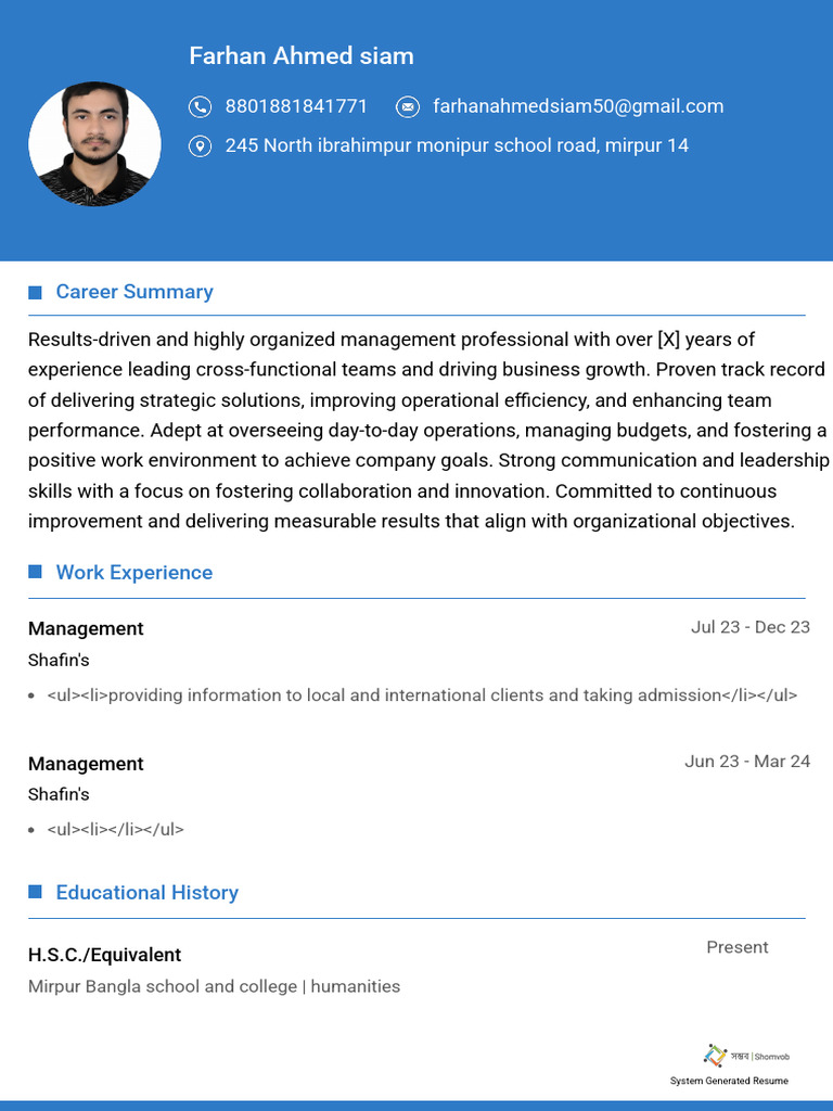 Created CV Farhan Ahmed Siam-1 | PDF | Business | Organizational Behavior