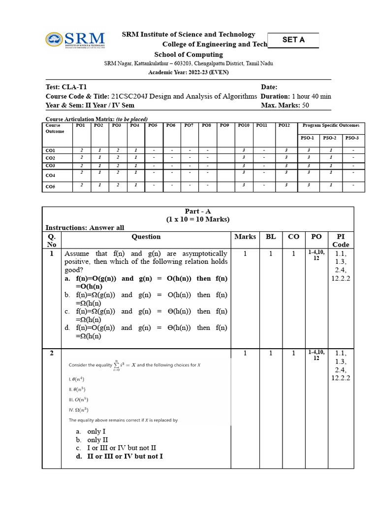 CT1-Answer Key Set A DAA | PDF | Time Complexity | Computer Programming