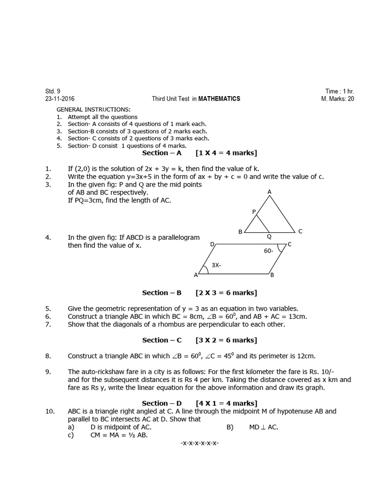 cbse-class-9-ut3-mathematics-2017 | PDF | Triangle | Equations