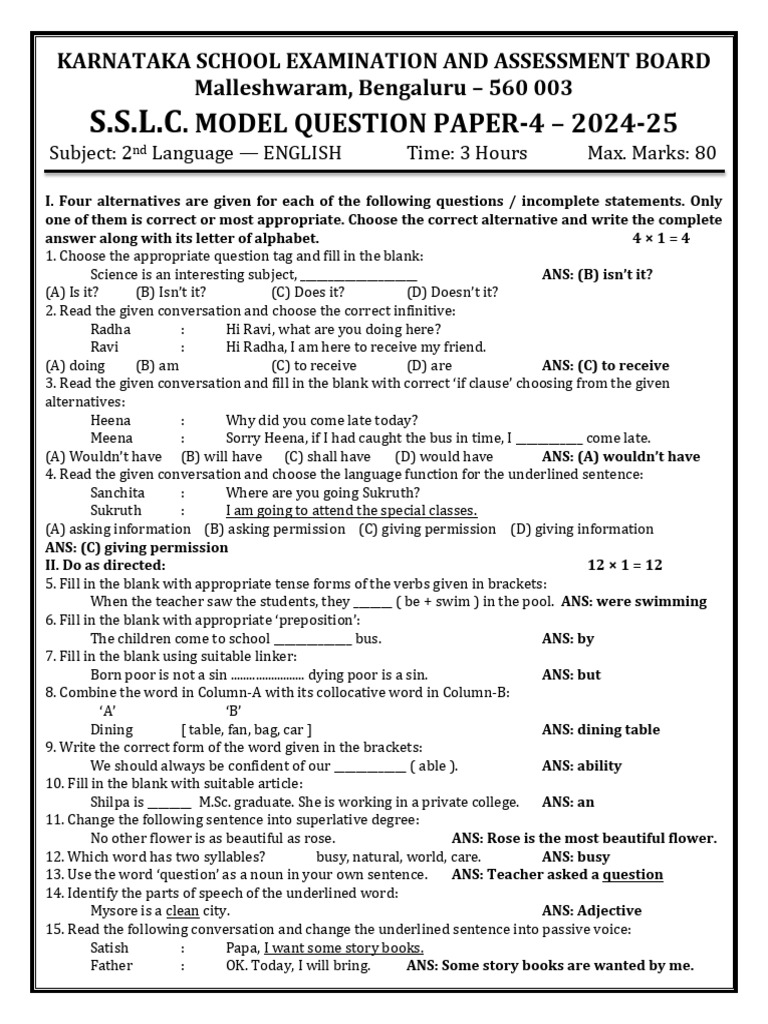 KSEEB 10th English Model Paper 2025 | PDF | Yoga