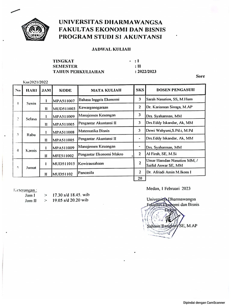 Jadwal Kuliah Sem. Genap Prodi S1 Akuntansi Sore | PDF