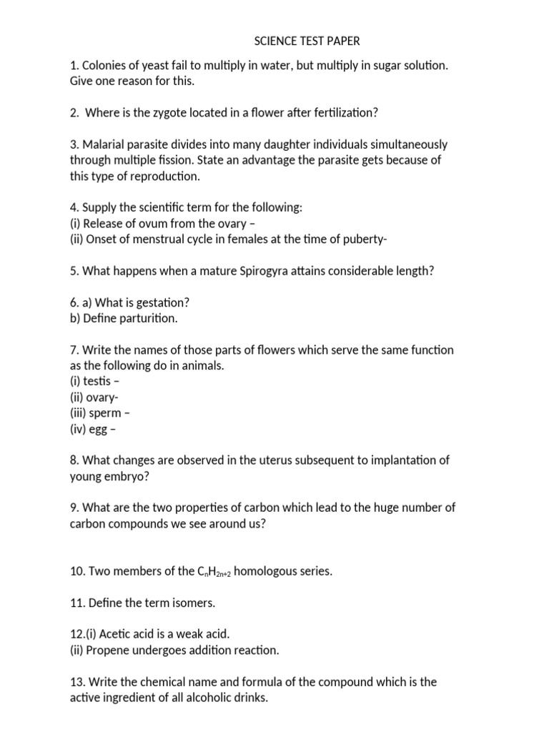 Science Test Paper Only QP | PDF | Ovary | Fertilisation