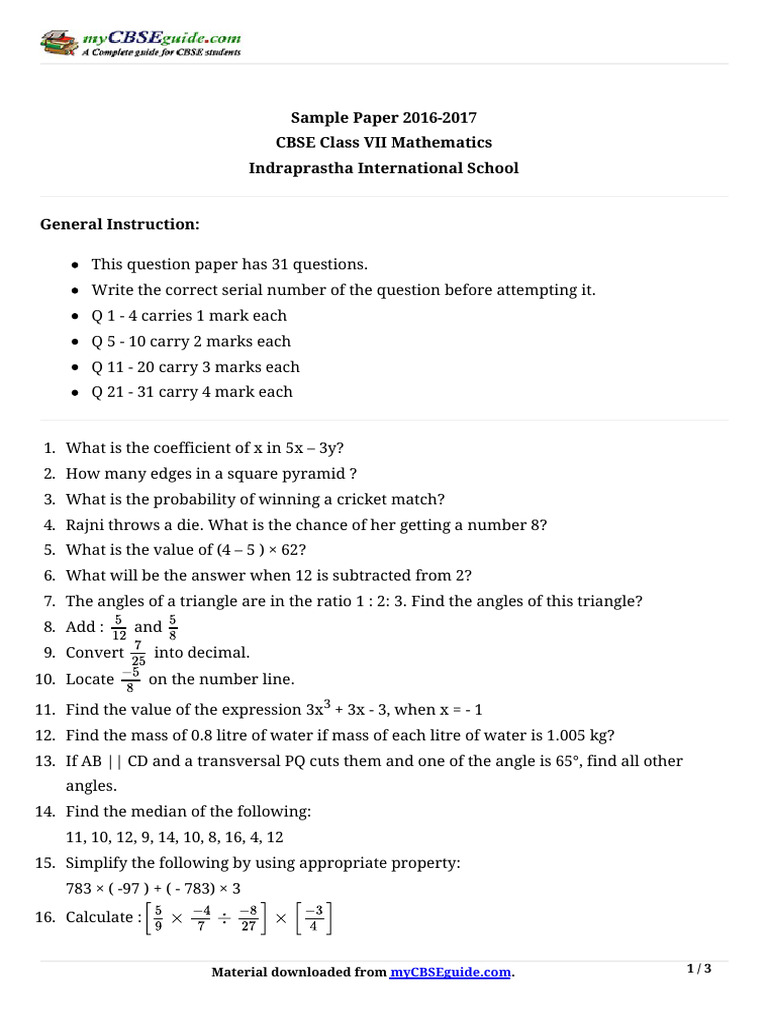 Class VII Maths Sample Paper 2016-17 | PDF | Triangle