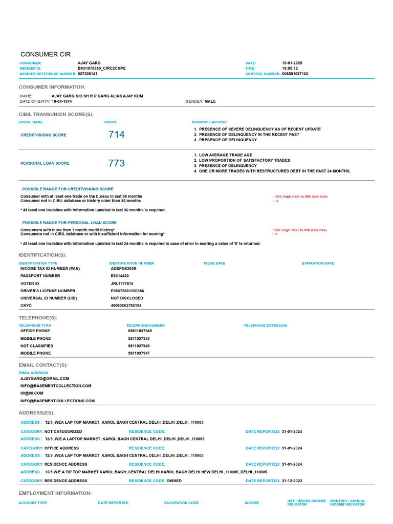 Cibil Ajay Garg Consumer Information Report | PDF | Loans | Finance & Money Management