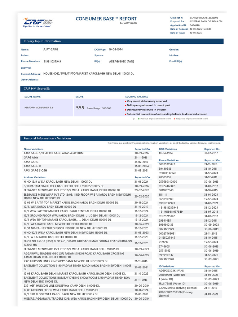 CRIF AJAY GARG Consumer Base Report | PDF | Credit | Finance & Money ...