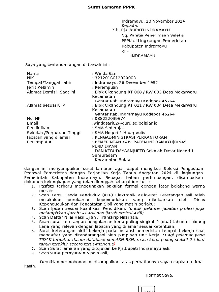 Surat Lamaran PPPK Indramayu 2024 | PDF