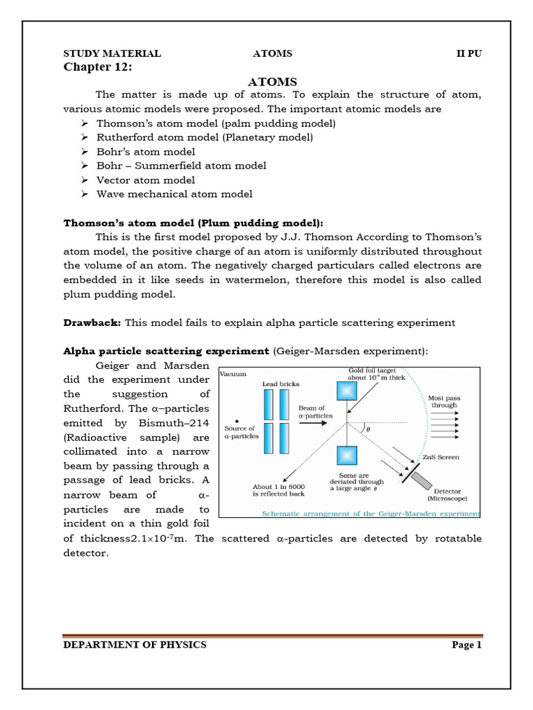 12th Atoms PHYSICS FULL NOTES | PDF | Spectral Line | Emission Spectrum