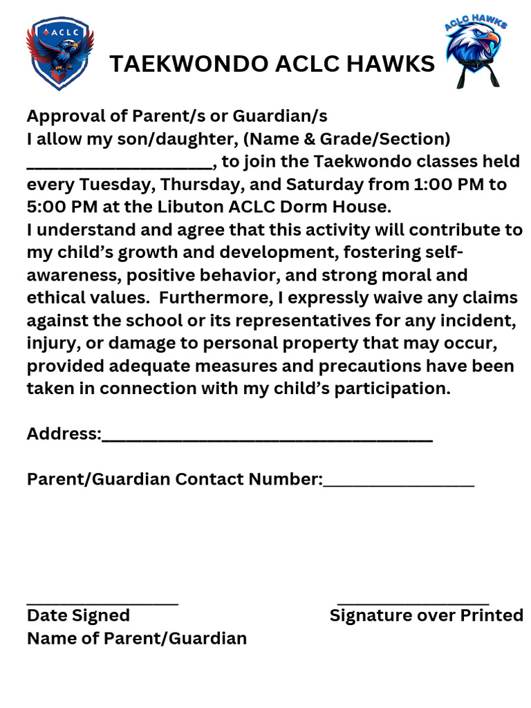 Parental Consent for Taekwondo | PDF