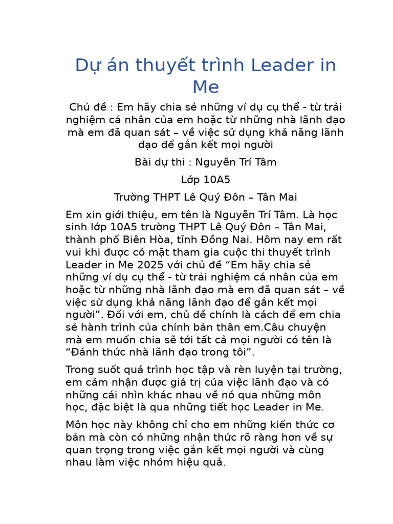 Dự Án Thuyết Trình Leader in Me - Trí Tâm 10A5 | PDF