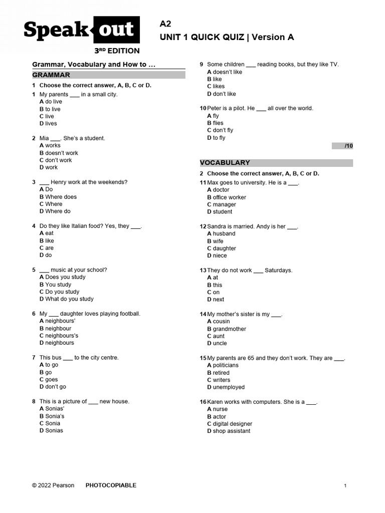 A2 Unit 1 Quick Quiz - Version A: Grammar, Vocabulary and How To ...