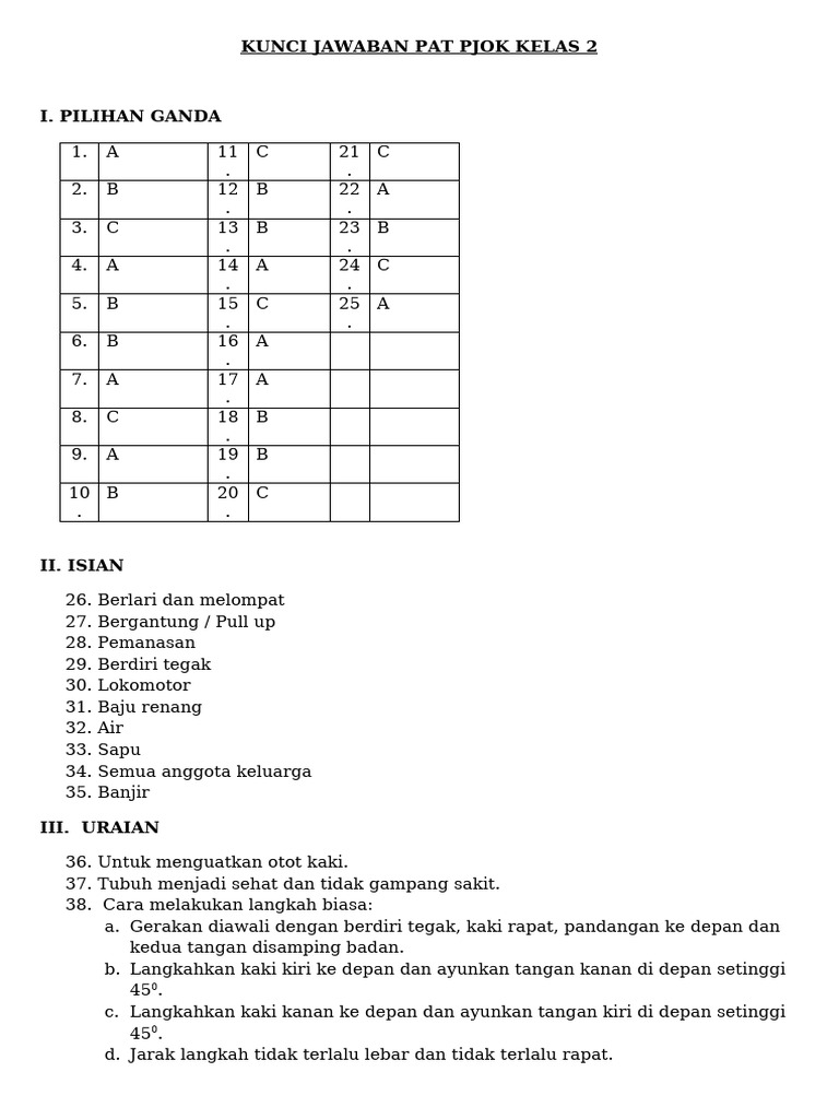 KUNCI JAWABAN - PAS PJOK KELAS 2 SMT 2 | PDF