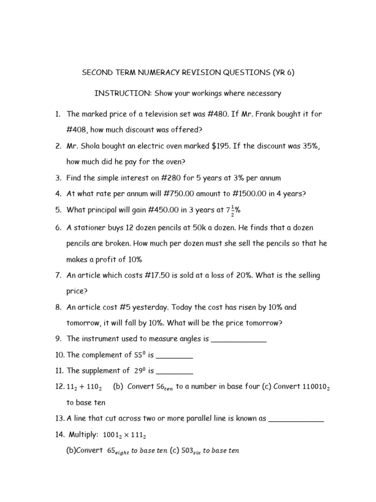 Second Term Numeracy Revision Questions 2 (1) GHMFH | PDF | Financial ...