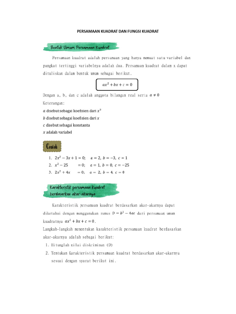 Bahan Ajar 1 PERSAMAAN KUADRAT DAN FUNGSI KUADRAT | PDF